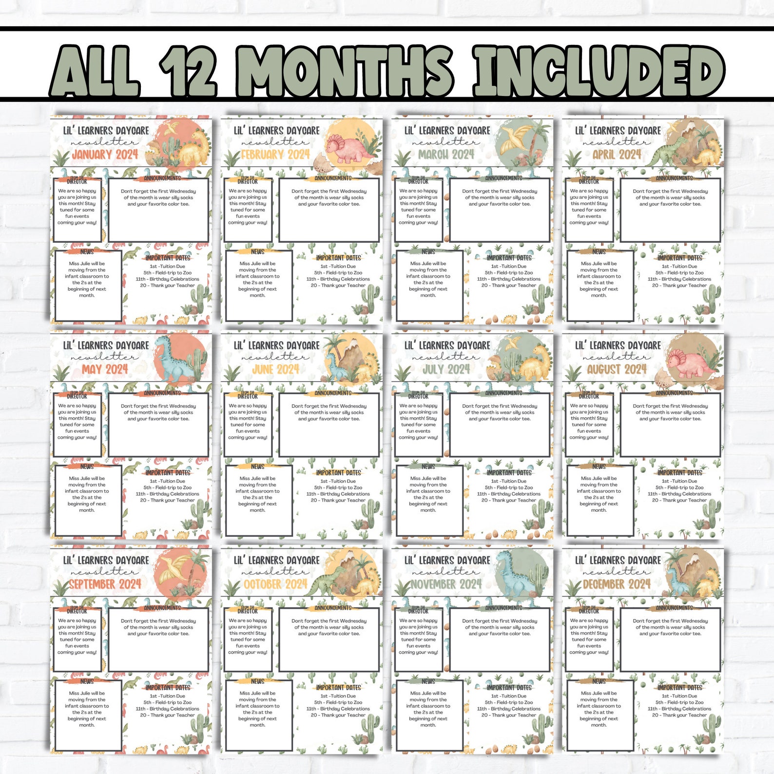 Yearly Daycare and Preschool Dinosaur Newsletter EDITABLE Templates ...