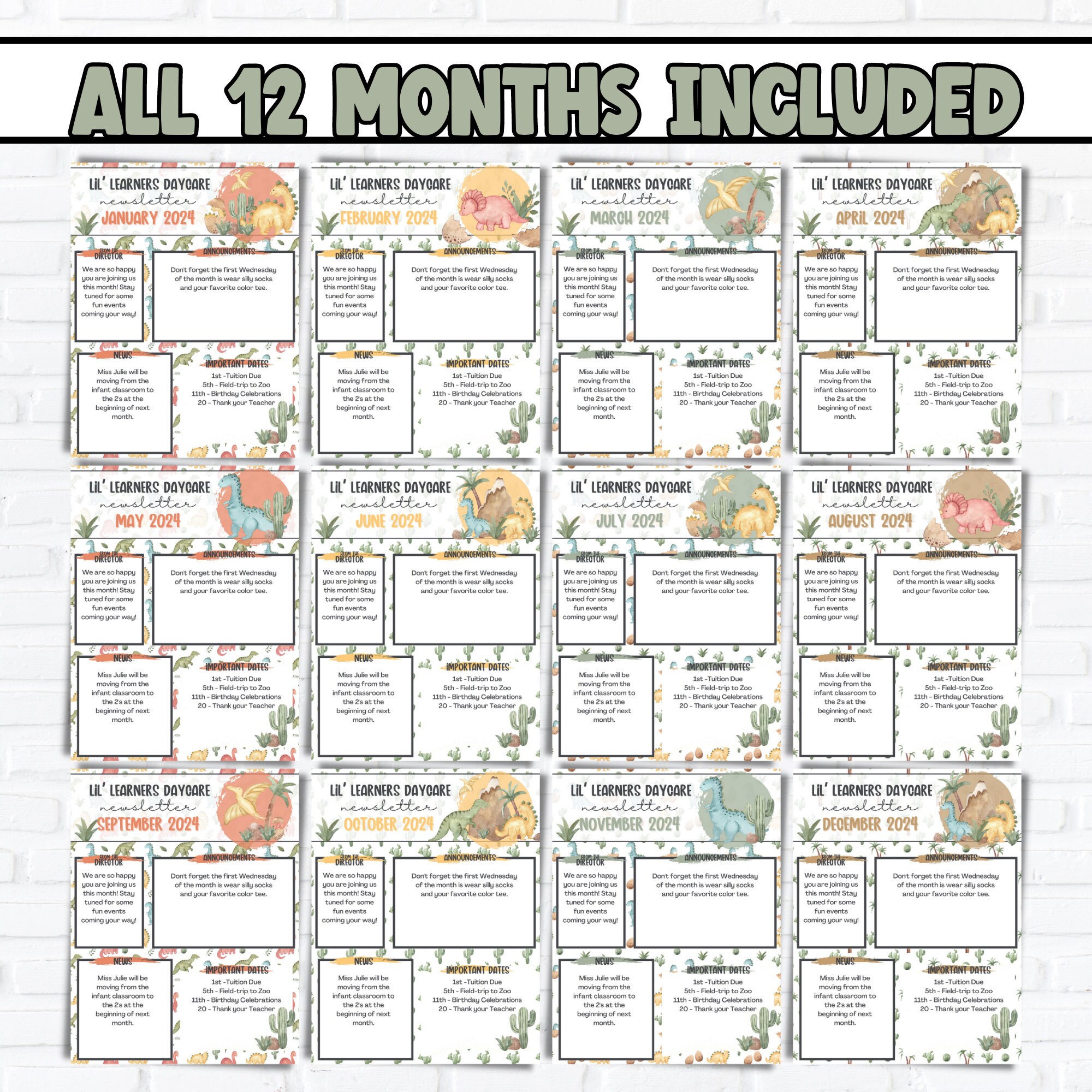 Yearly Daycare and Preschool Dinosaur Newsletter EDITABLE Templates ...