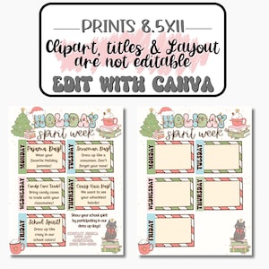 Cute Holiday School Spirit Week Editable Itinerary Schedule | Printable ...