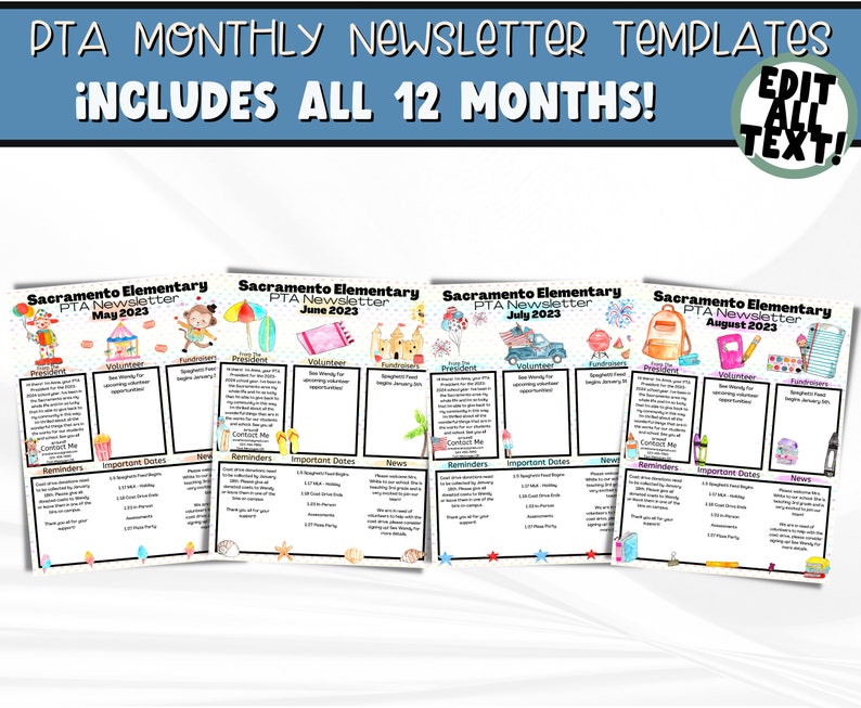 Yearly PTO/PTA Newsletter Editable Template for School. Parent Teacher ...