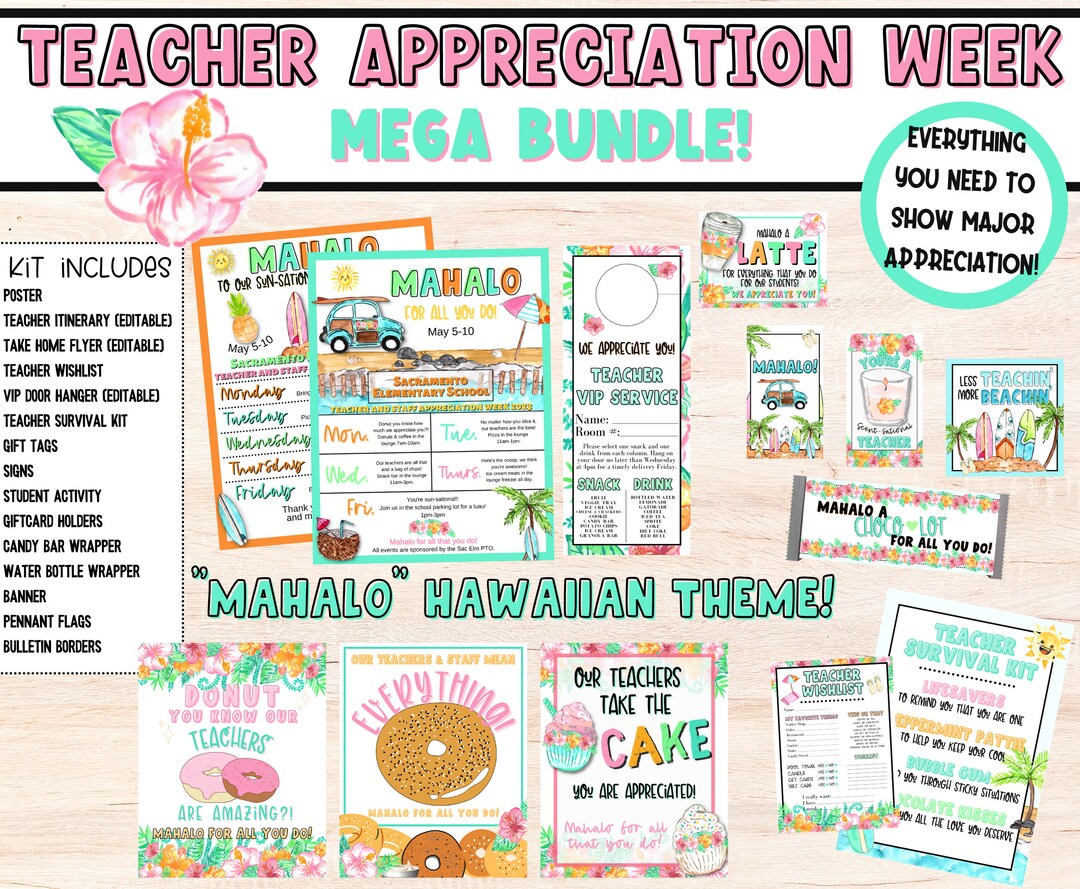 Mahalo Teacher Appreciation Week Printable Editable Hawaiian - Etsy