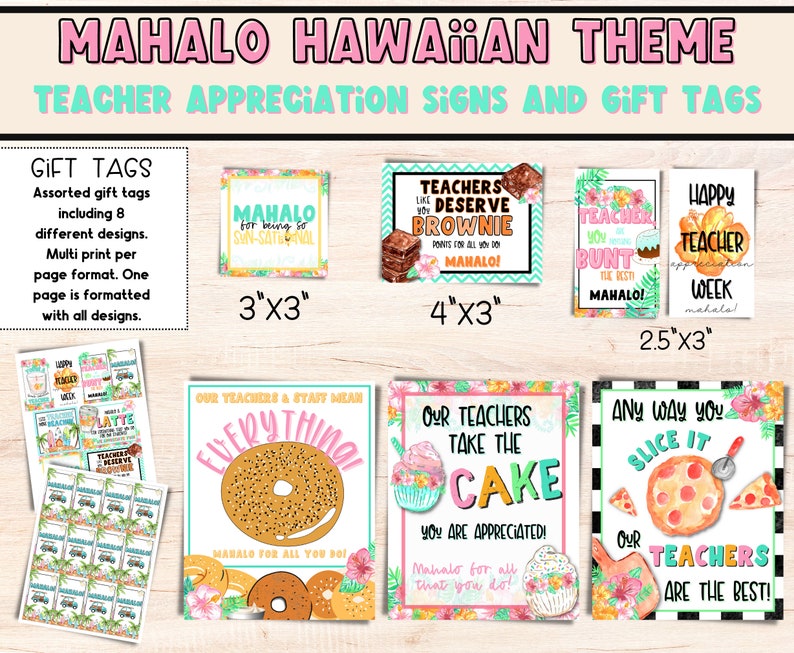 Mahalo Hawaiian Teacher Appreciation Sign and Gift Tag Bundle ...