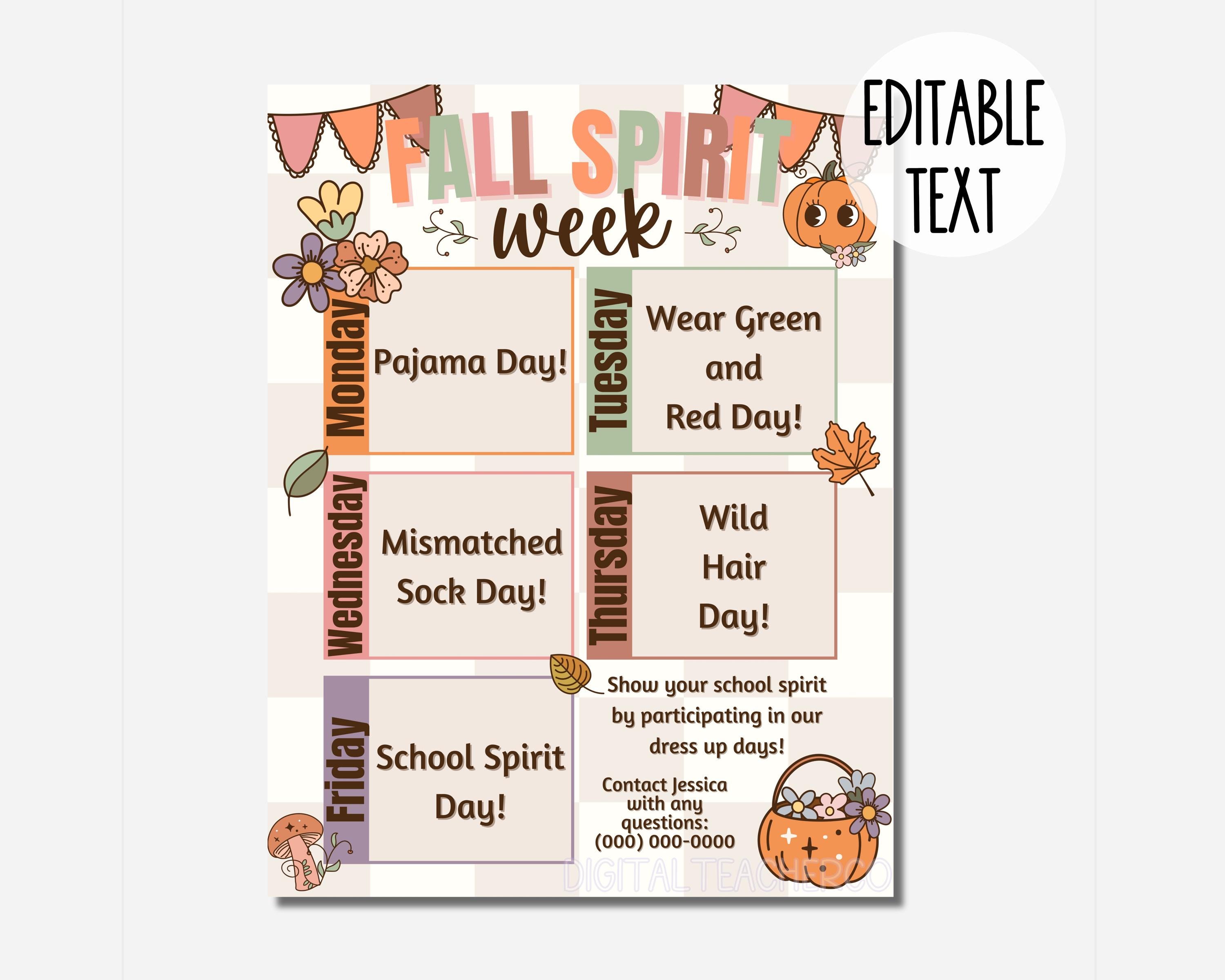 Cute Fall School Spirit Week Schedule Fall Flyer Fundraiser for PTO/PTA ...