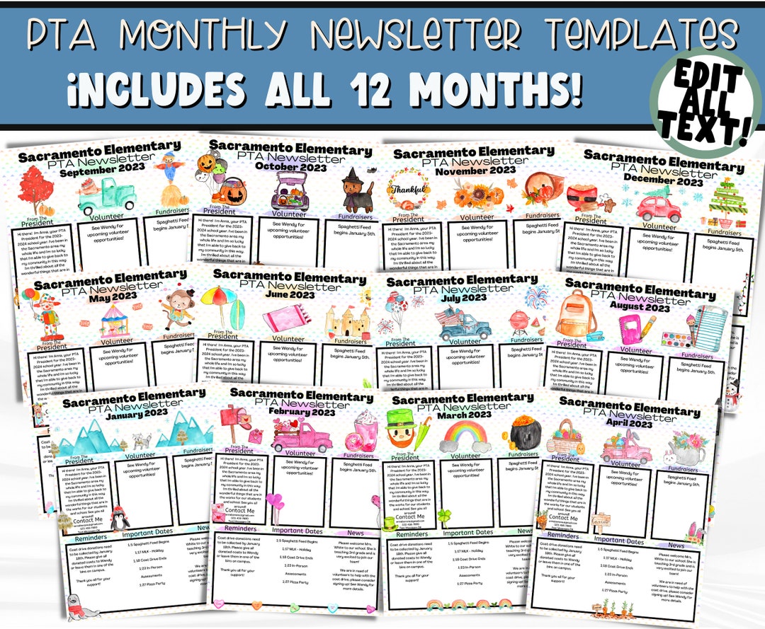 Yearly PTO/PTA Newsletter Editable Template for School. Parent Teacher ...
