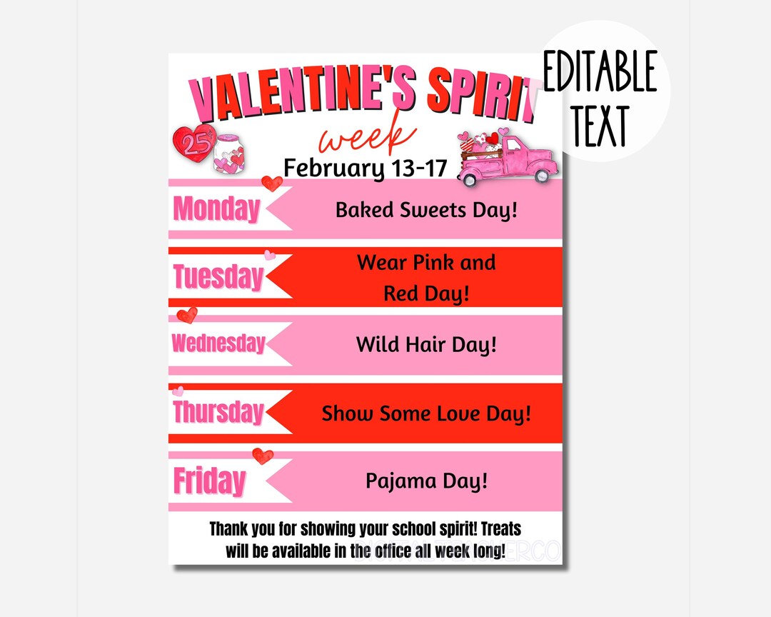 Valentine's Spirit Week Editable Itinerary Schedule | Printable DIY ...