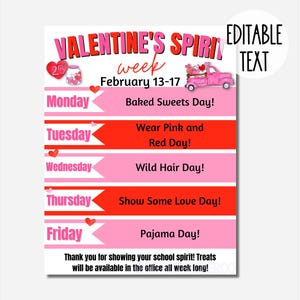 Valentine's Spirit Week Editable Itinerary Schedule | Printable DIY ...