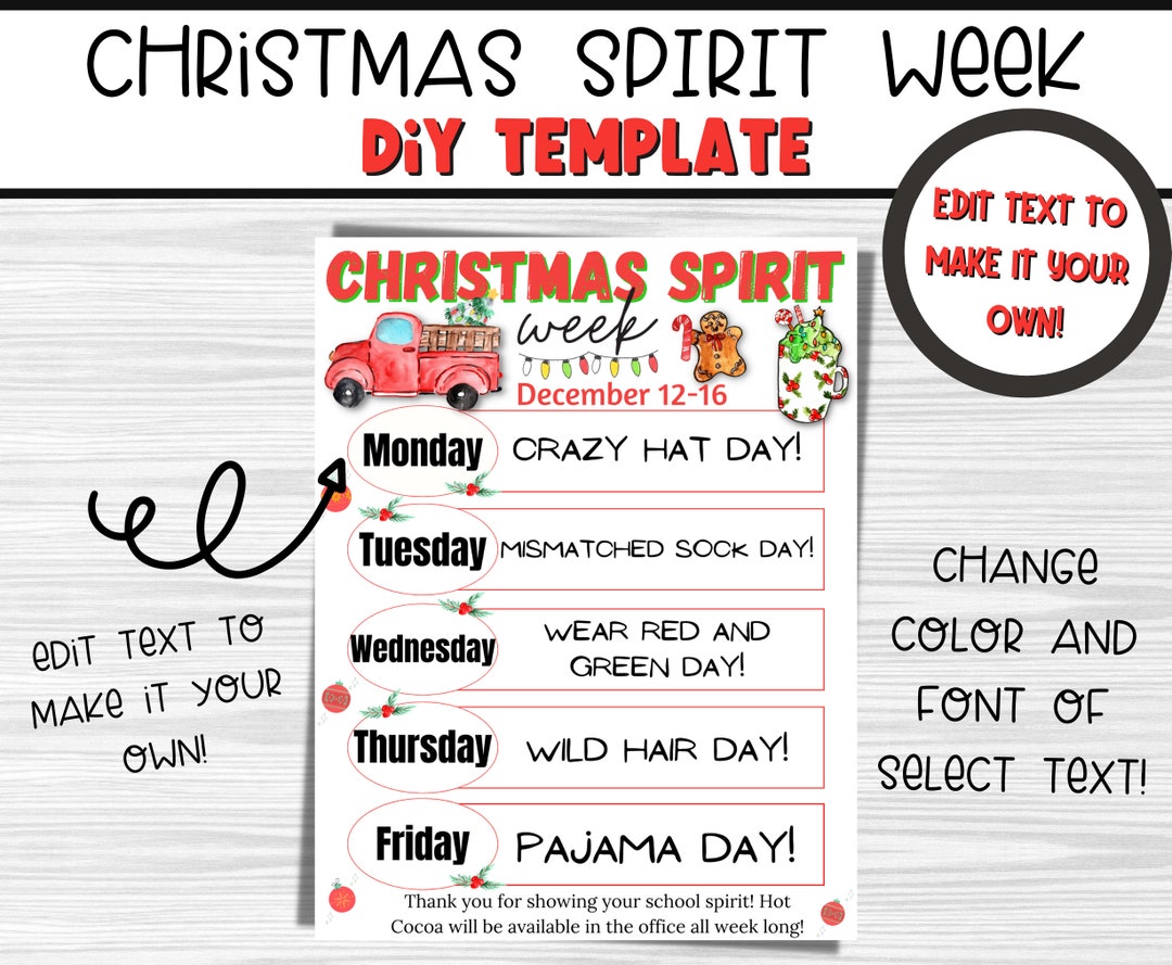 Christmas Spirit Week Editable Itinerary Schedule Printable DIY Spirit ...
