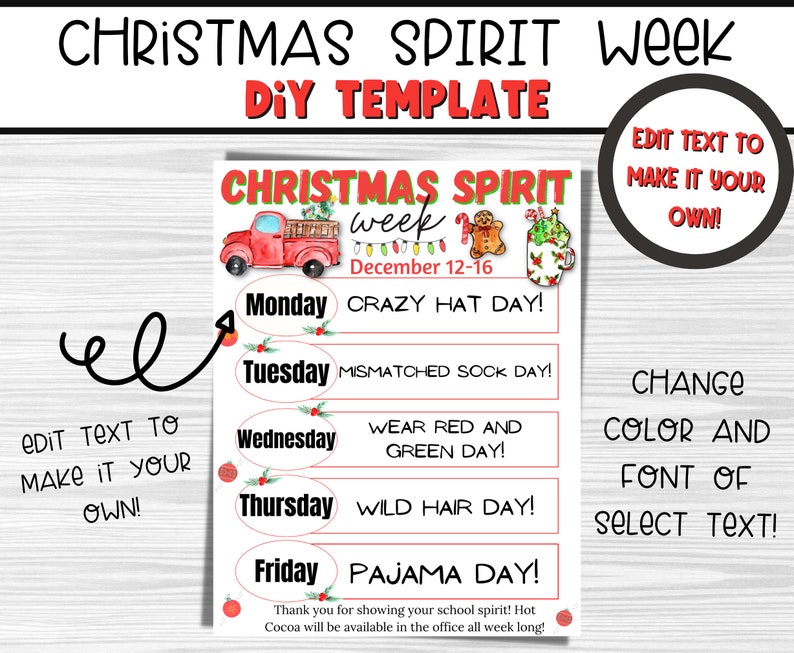 Christmas Spirit Week Editable Itinerary Schedule | Printable DIY ...