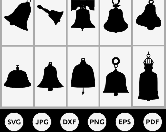 Bell With Ringer Vector Clipart Set / Outline & Stamp Graphic / Silver ...