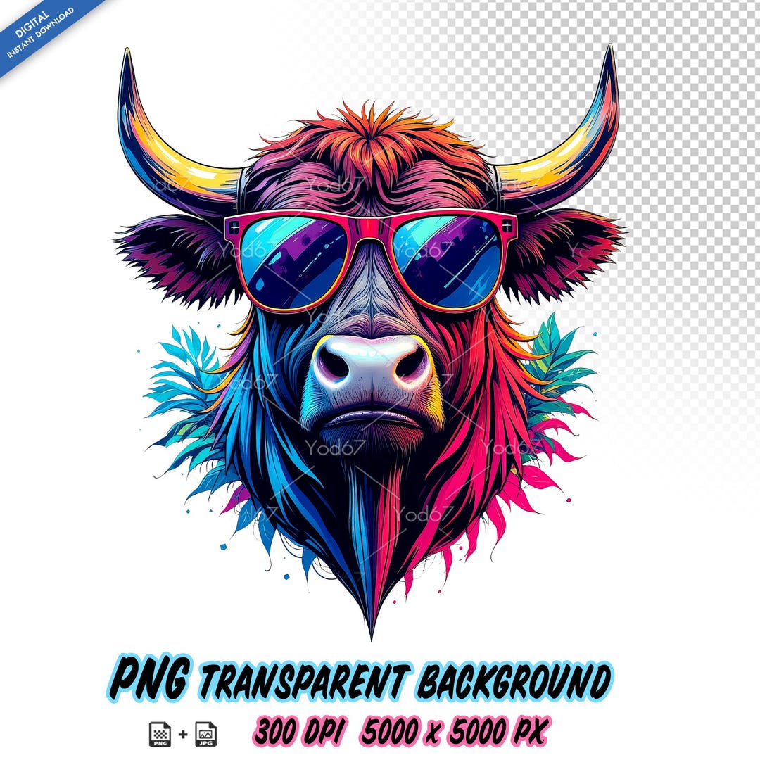 Bull With Sunglasses PNG for Sublimation Printing, Colorful Bull Head T ...