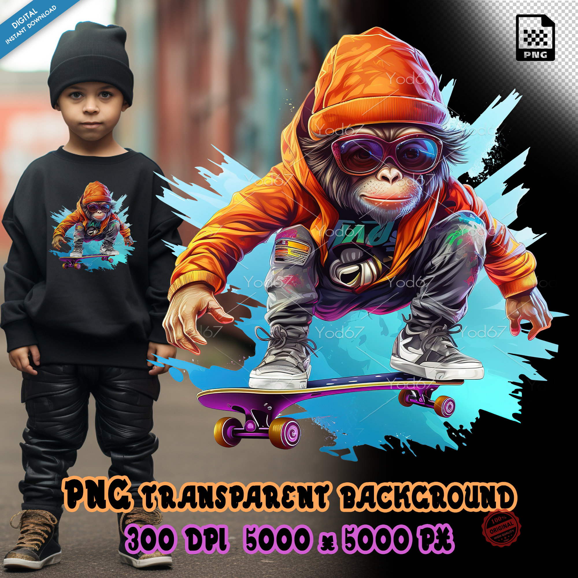 Monkey Playing Skateboard Png for Sublimation Printing. Cool Monkey T ...