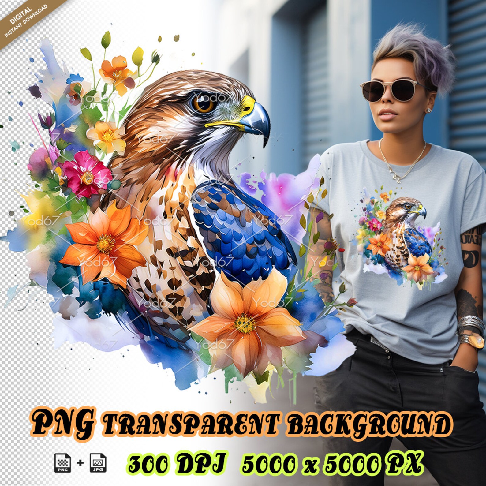 Falcon & Flowers for Sublimation Printing, Hawk T-shirt Design Clipart ...