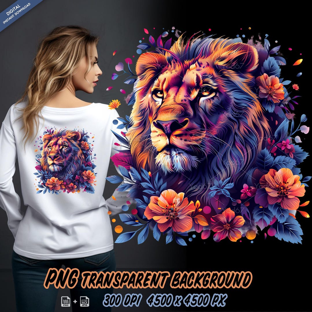 Male Lion With Flowers Clipart for Sublimation Printing, Lion Head T ...
