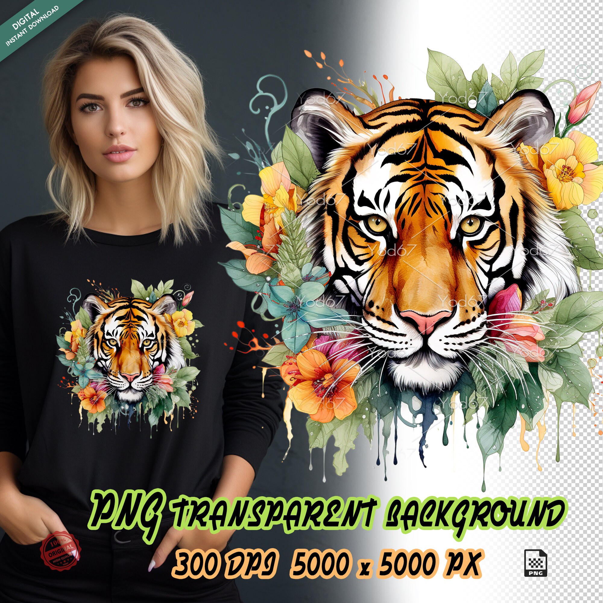 Tiger Png. Tiger Head and Flowers for Sublimation Printing. Tiger T ...