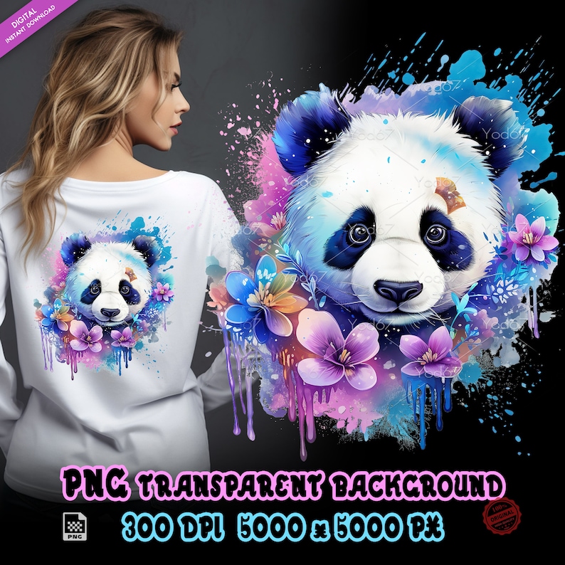 Cute Panda With Flowers for Sublimation Printing. Baby Panda Head T ...