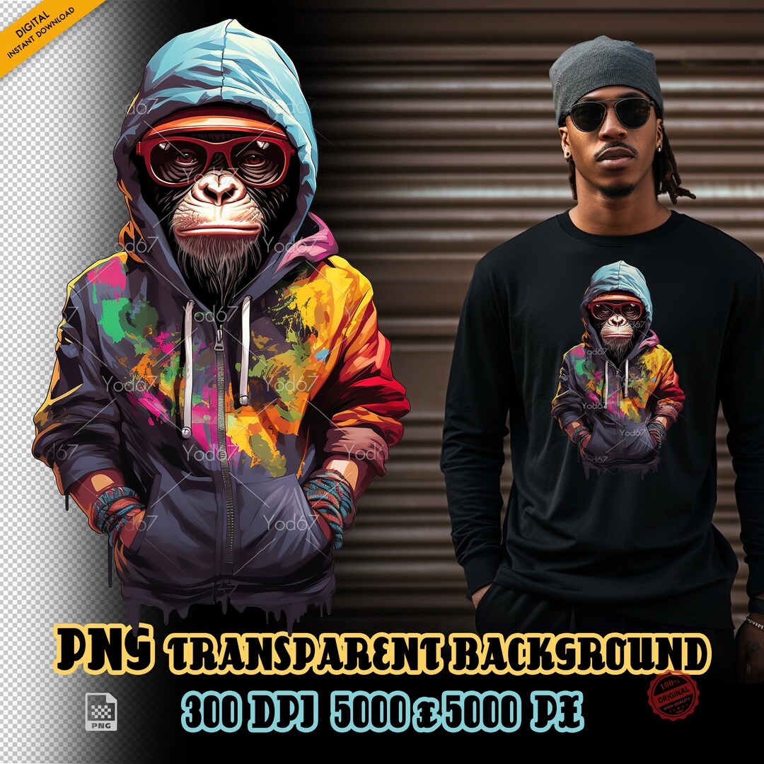 Cool Monkey Wearing Glasses and Hoodie for Sublimation Printing, DTF ...