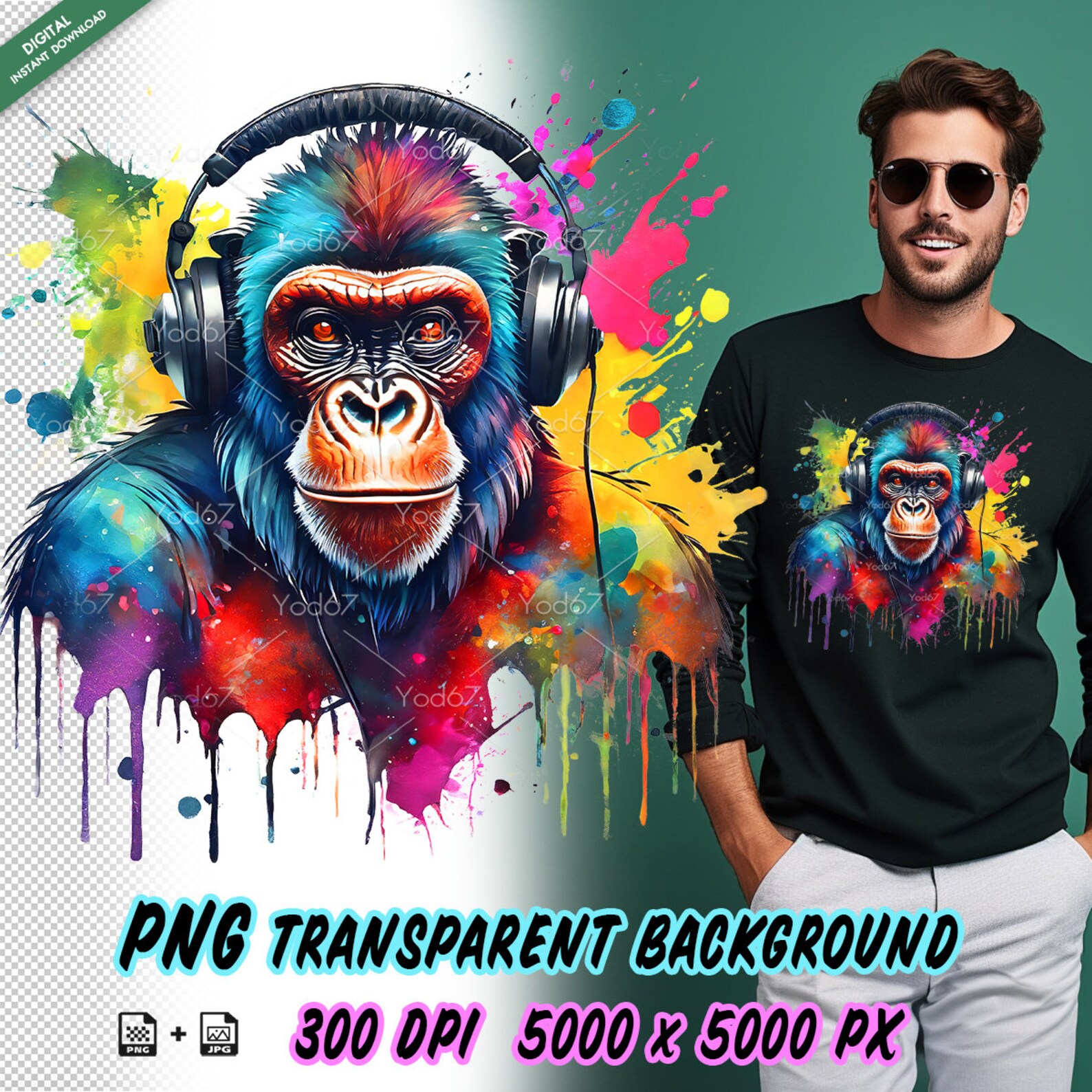 Gorilla Wearing Headphones Png for Sublimation Printing, Colorful ...
