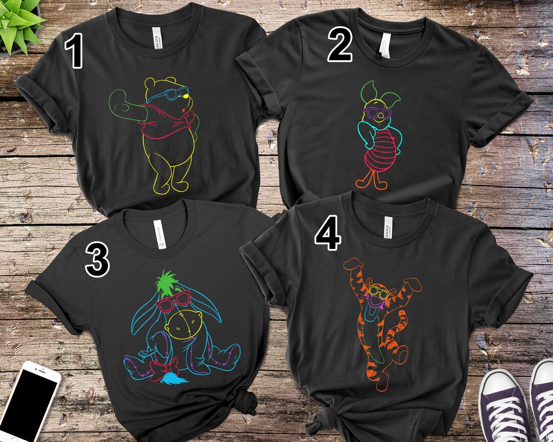 Disney Neon Winnie the Pooh Characters Shirt, Pooh Eeyore Tigger Piglet ...