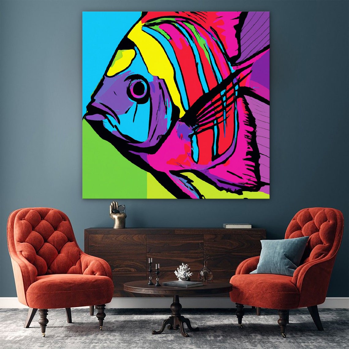 Pop Art Fish Canvas, Vibrant Aquatic Art, Ocean Wall Decor, Large ...