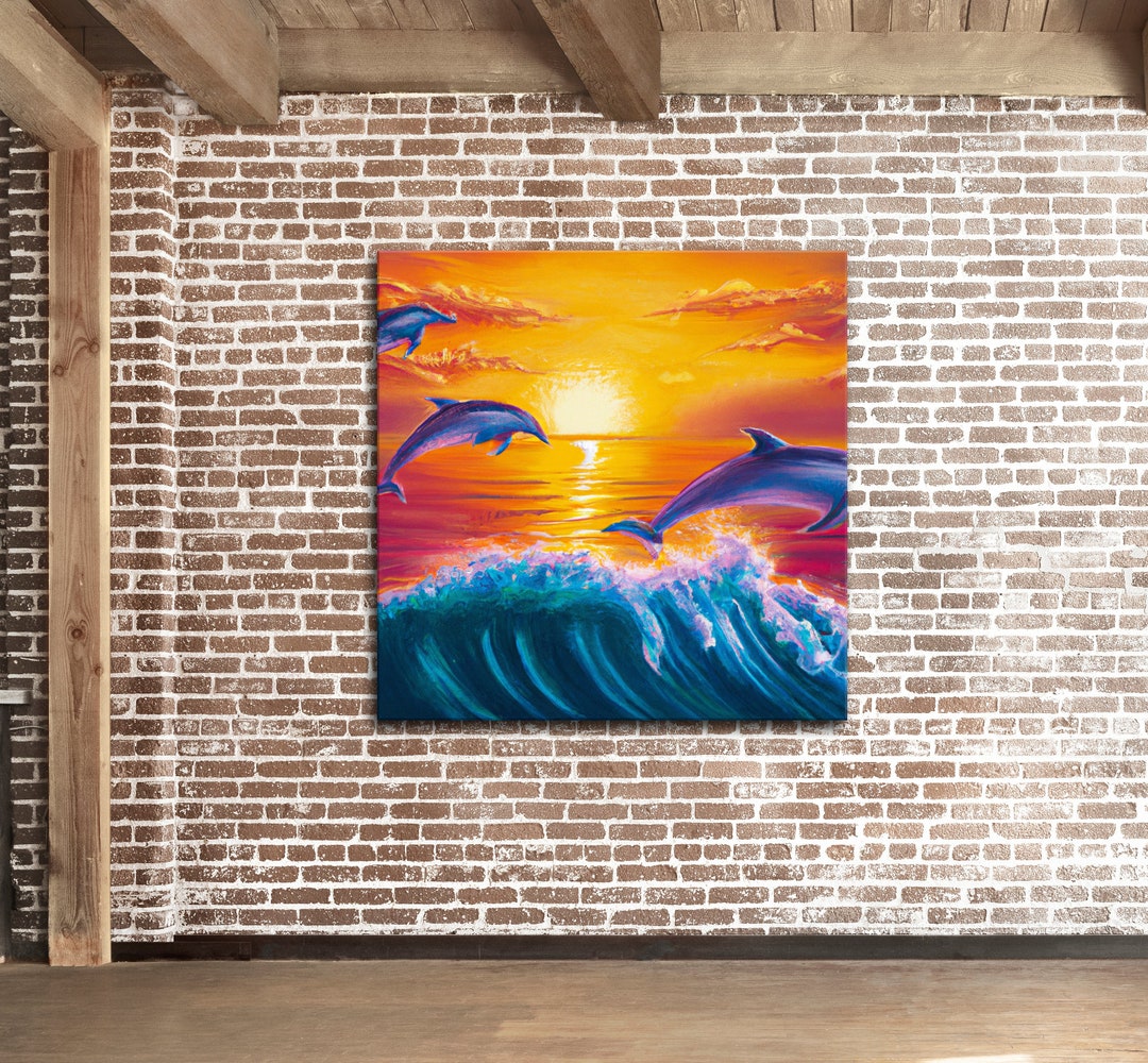 Dolphin Sunset Canvas, Undersea Art, Ocean Wall Decor, Large Canvas ...