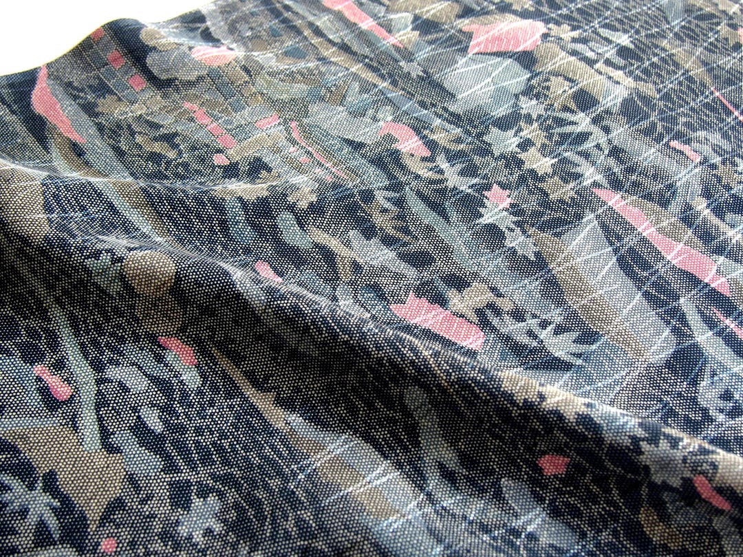 Vintage Japanese Rinzu Silk | Navy Pink Floral Stream Pattern ...