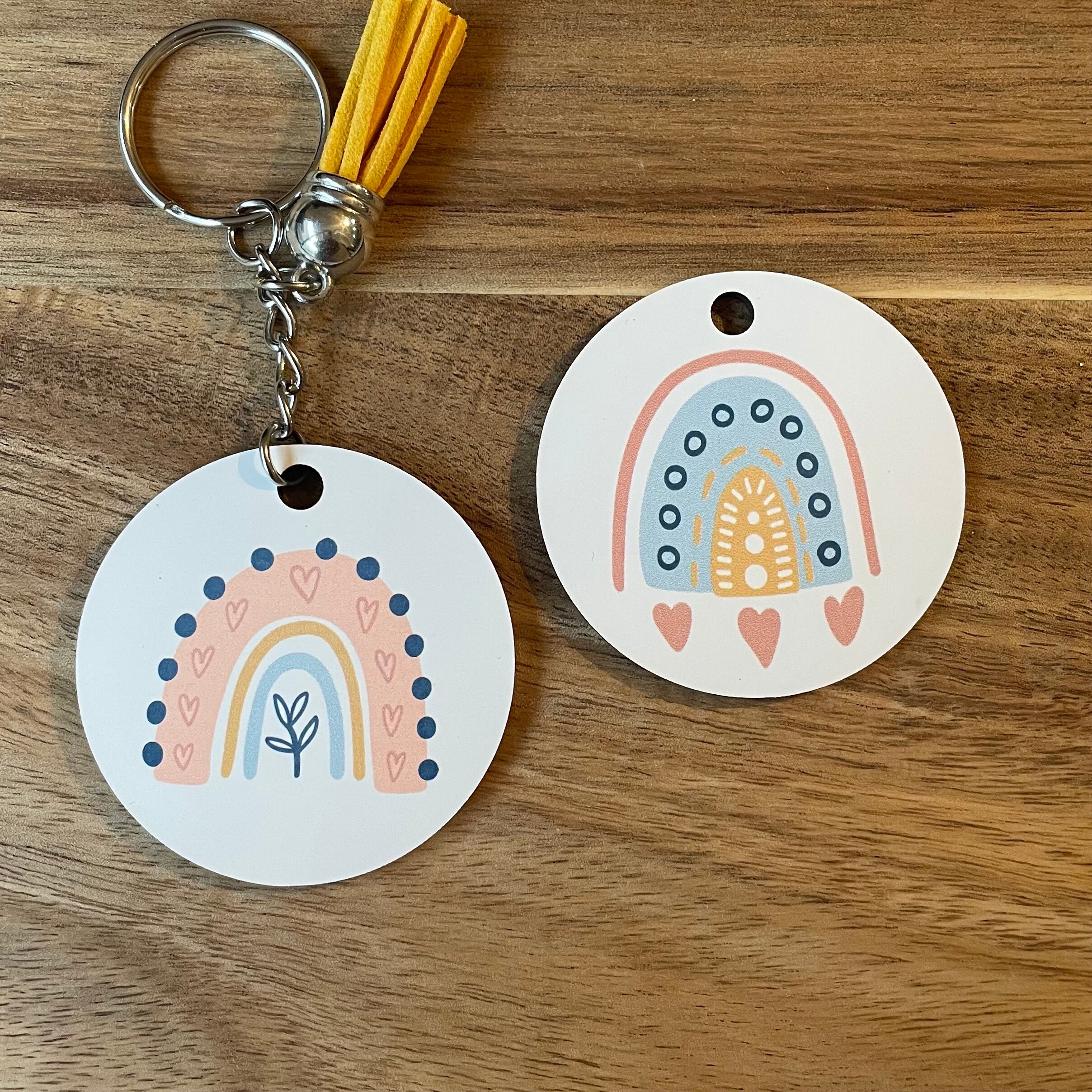 Personalised Double Sided Round Sublimated Silver Ring Keyring With Tassel, Rainbows, Alphabet ...