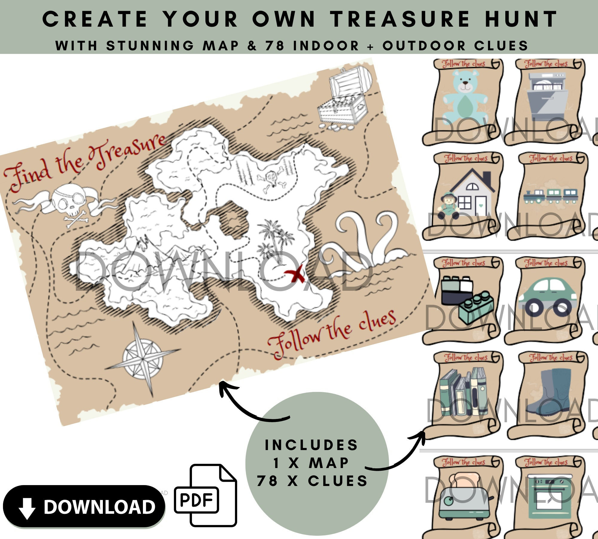 Pirate Treasure Hunt Map & Clues, Digital Download, Treasure Map for ...