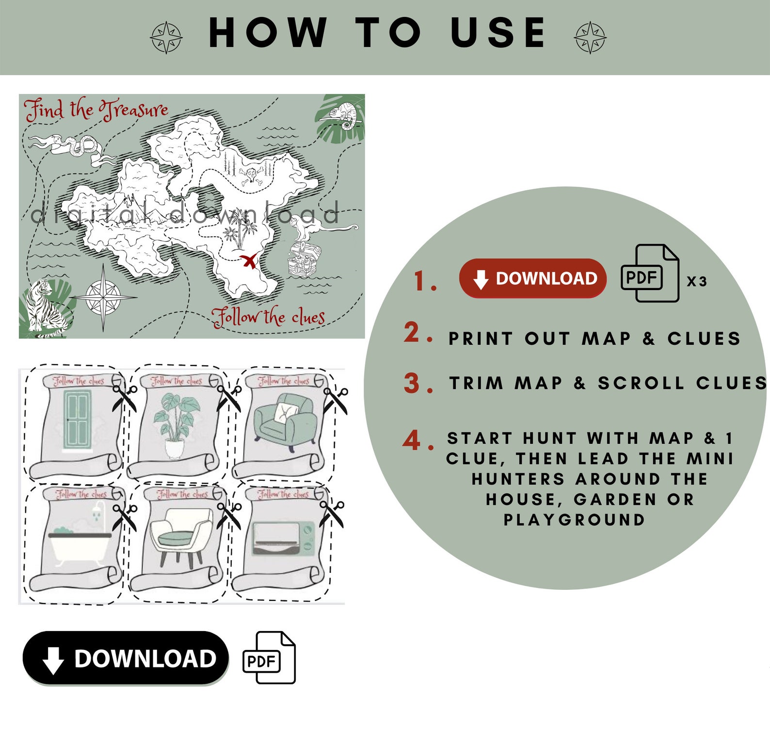 Jungle Treasure Hunt Map & Clues, Digital Download, Kids Game, Kids ...