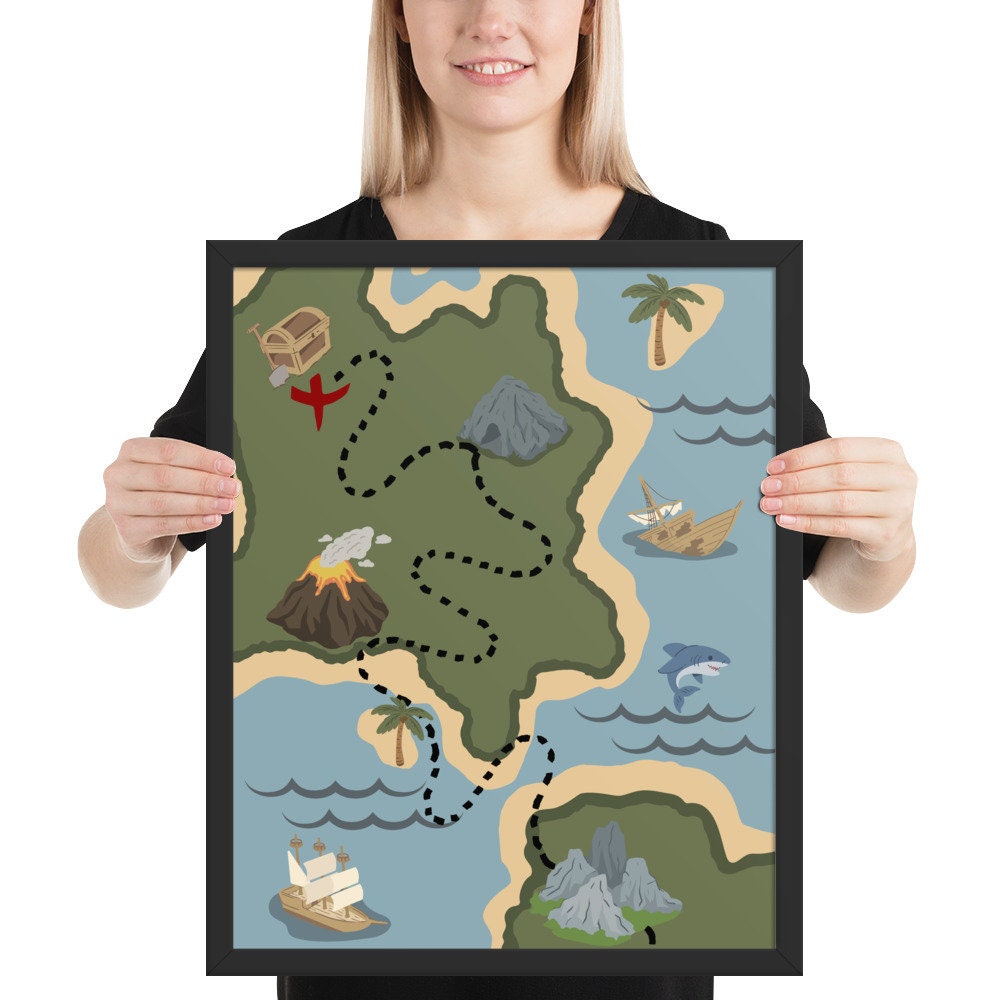 Framed Treasure Map Poster, Kids Wall Art, Treasure Hunt Wall Map ...