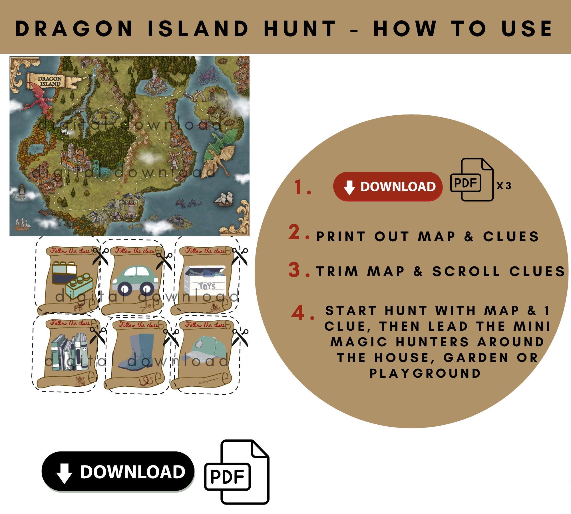 Dragon Island Treasure Map & Clues, Digital Download, Treasure Map for ...