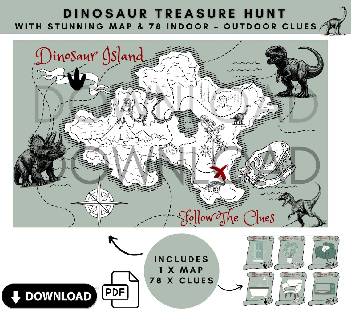 Dinosaur Treasure Hunt Map and Clues, Digital Download, Fun Family Game ...