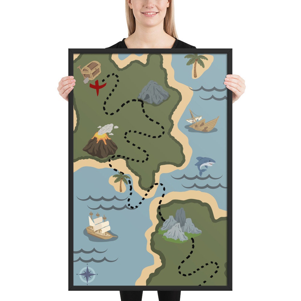Framed Treasure Map Poster, Kids Wall Art, Treasure Hunt Wall Map ...