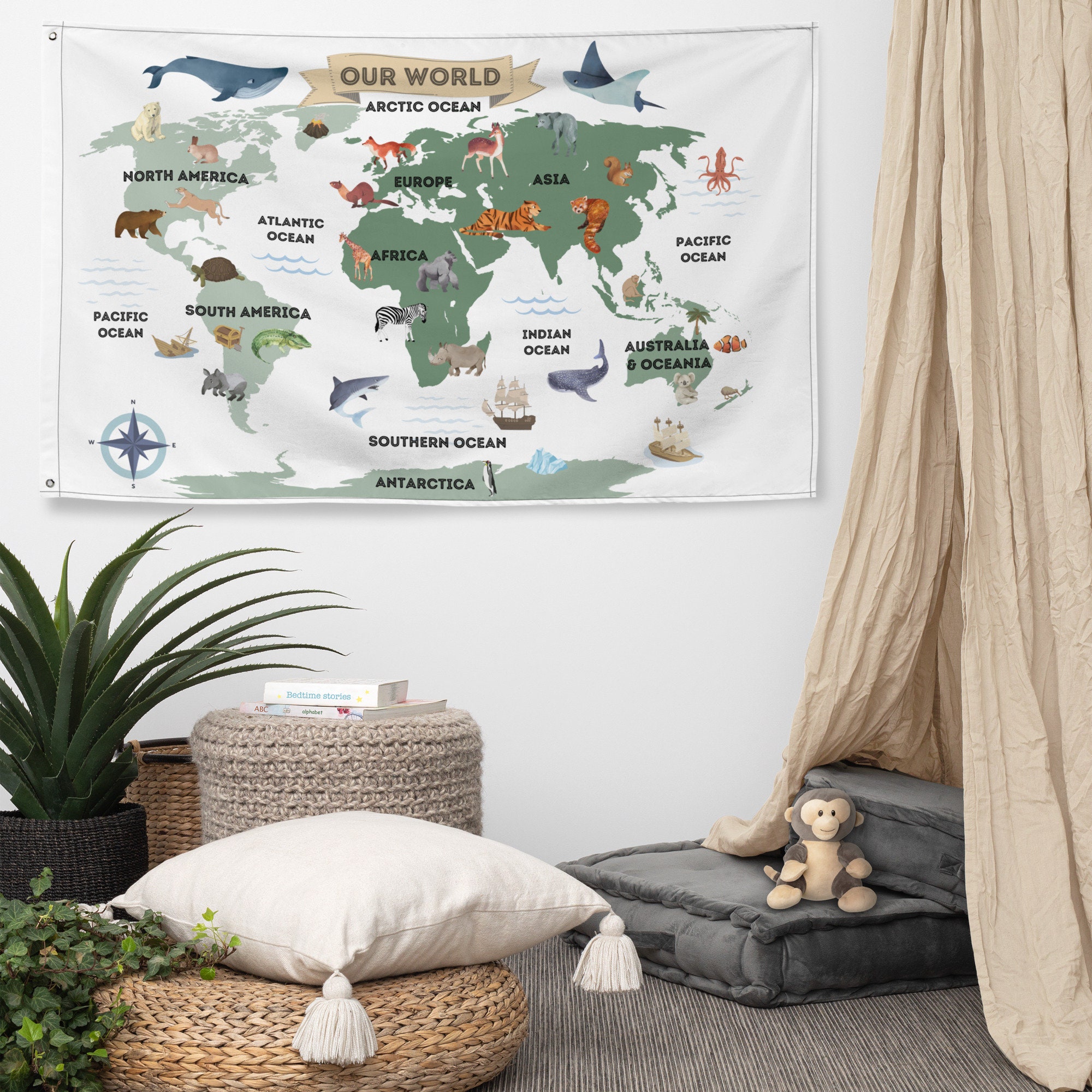 Mapa del mundo para niños Bandera animal, decoración de la habitación ...