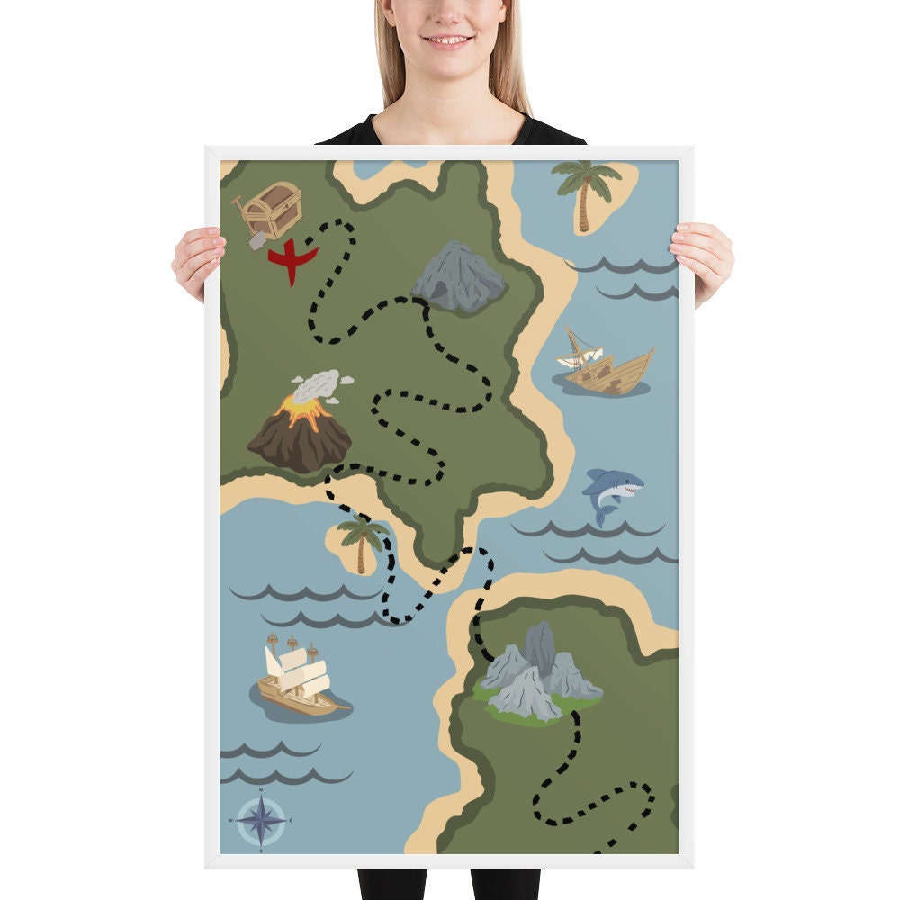 Framed Treasure Map Poster, Kids Wall Art, Treasure Hunt Wall Map ...