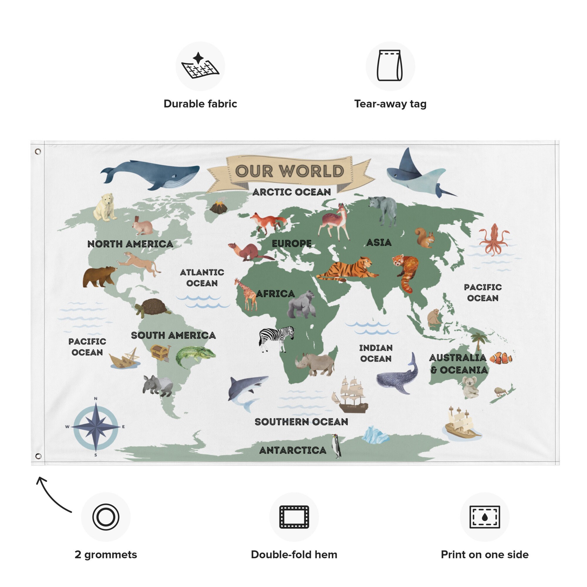 Kids World Map Animal Flag, Kids Room Décor, Wall Flag Children's Room ...