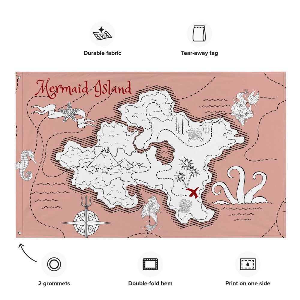 Mermaid Treasure Map Wall Flag, Magical Kids Art Bedroom or Party Wall ...