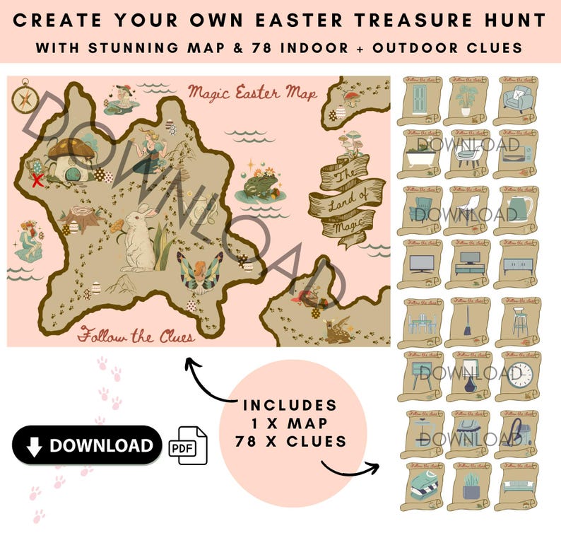 Easter Pink Treasure Hunt Map & Clues for Kids, Easter Egg Hunt ...