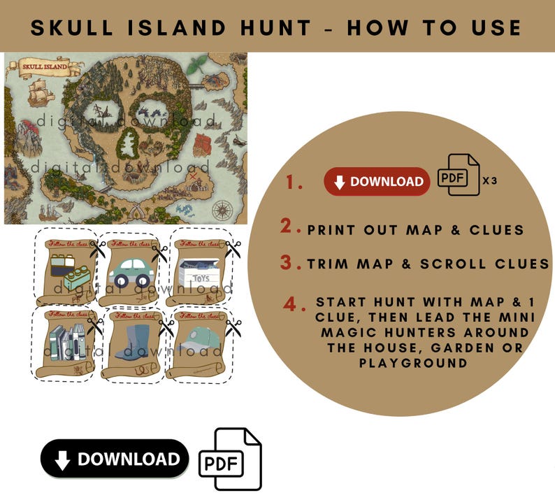 Skull Island Treasure Map & Clues, Digital Download, Treasure Map for ...