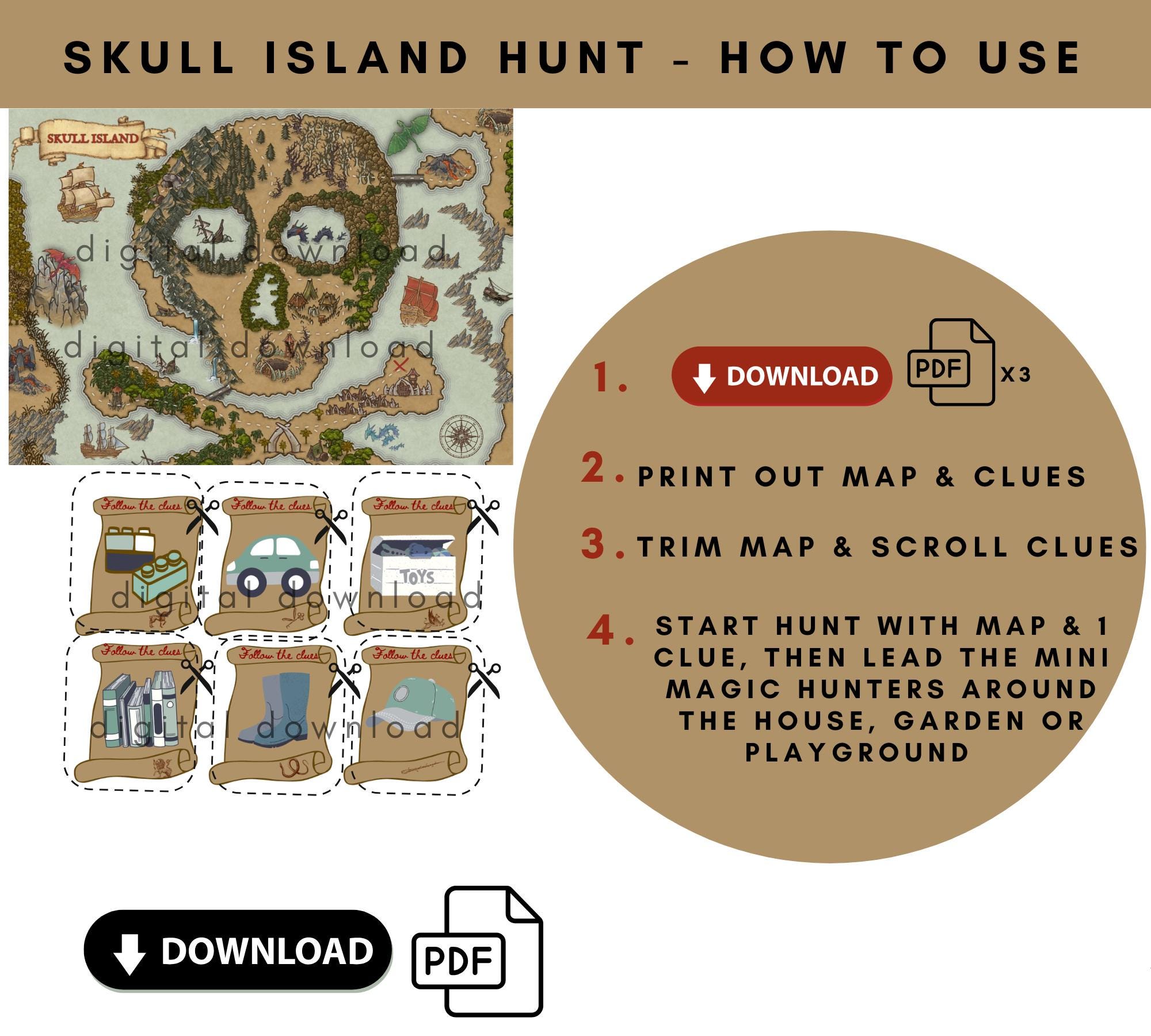 Skull Island Treasure Map & Clues, Digital Download, Treasure Map for ...