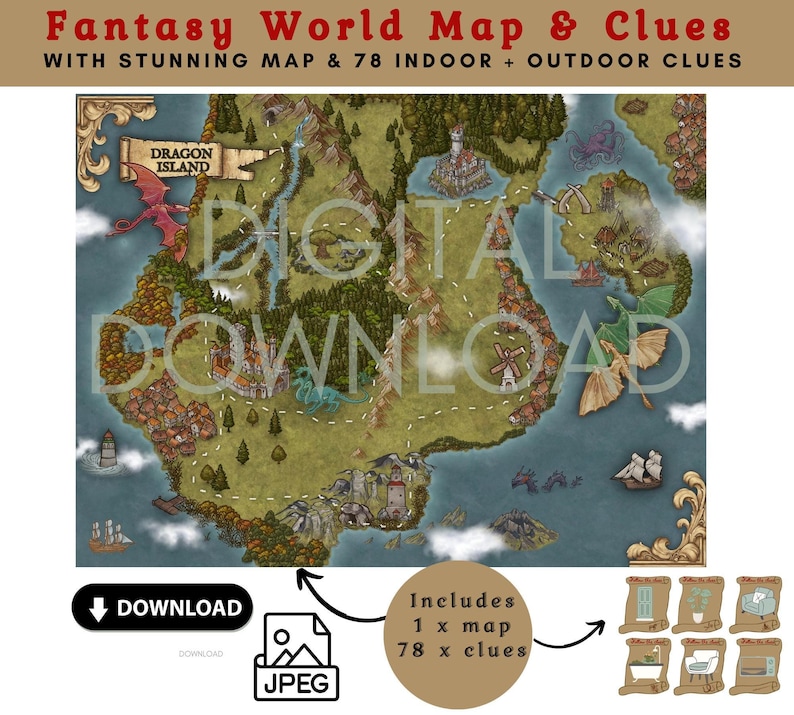 Fantasy World Kids Treasure Map & Clues, Digital Download, Treasure Map ...
