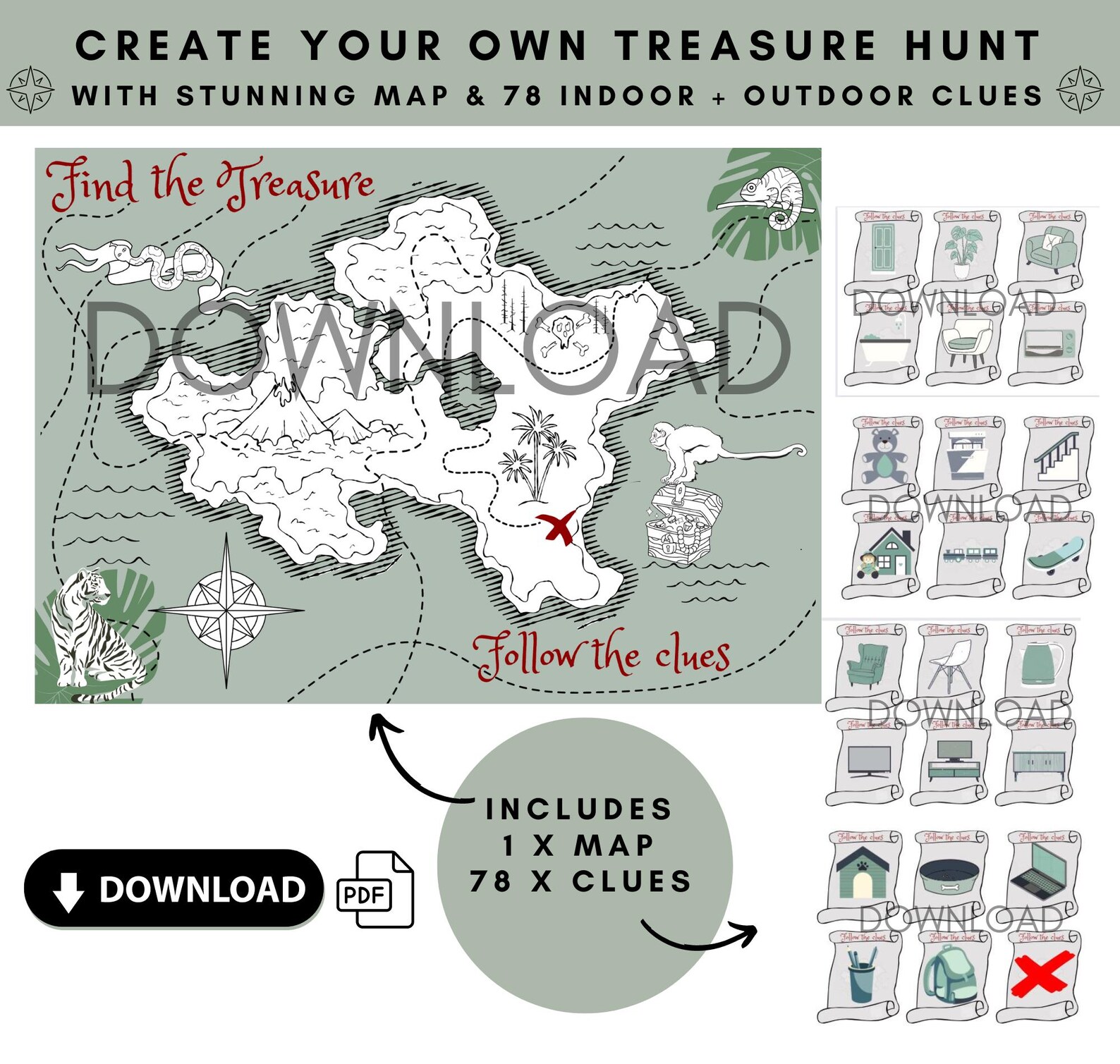 Jungle Treasure Hunt Map & Clues, Digital Download, Kids Game, Kids ...