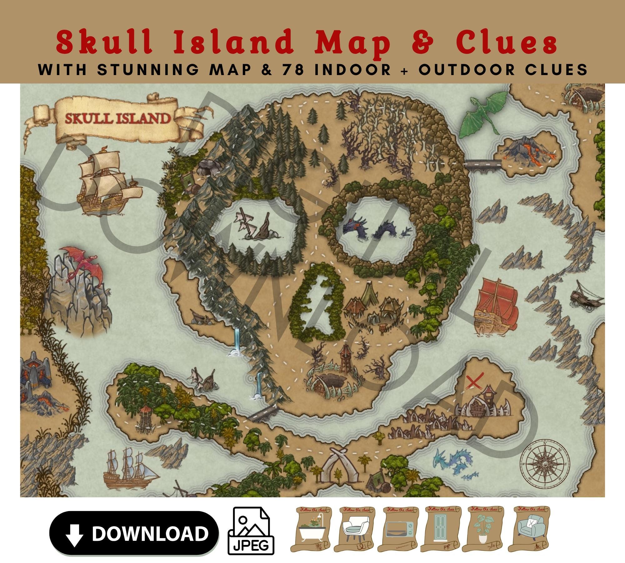 Skull Island Treasure Map & Clues, Digital Download, Treasure Map for ...