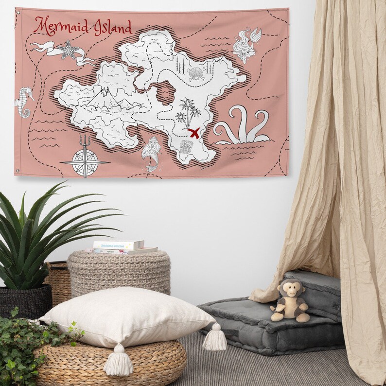 Mermaid Treasure Map Wall Flag, Magical Kids Art Bedroom or Party Wall ...