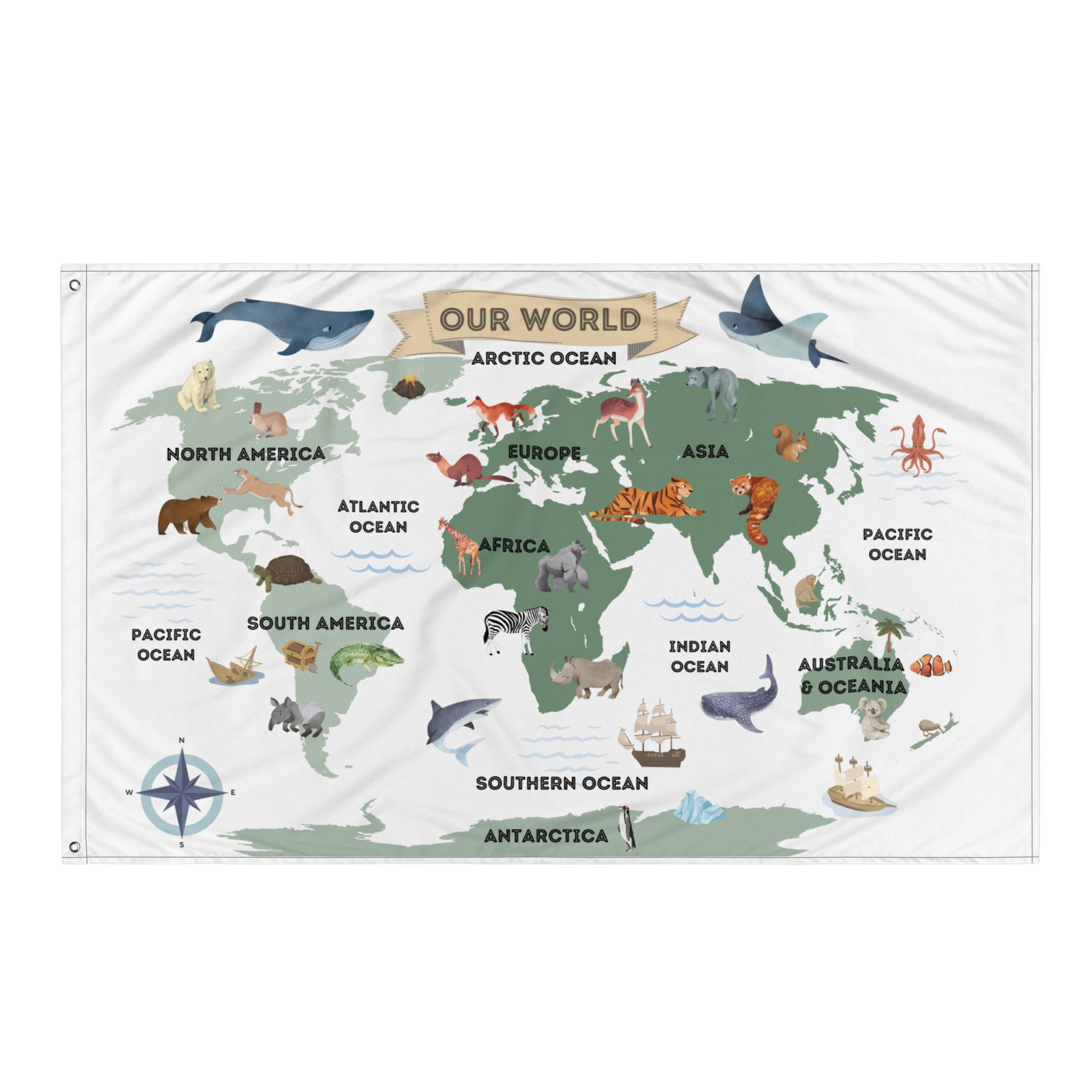 Kids World Map Animal Flag, Kids Room Décor, Wall Flag Children's Room ...