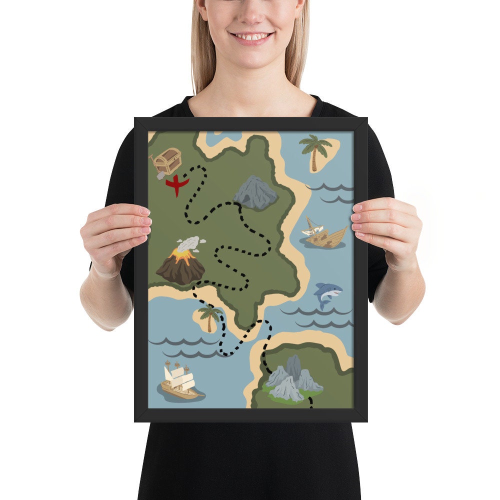 Framed Treasure Map Poster, Kids Wall Art, Treasure Hunt Wall Map ...