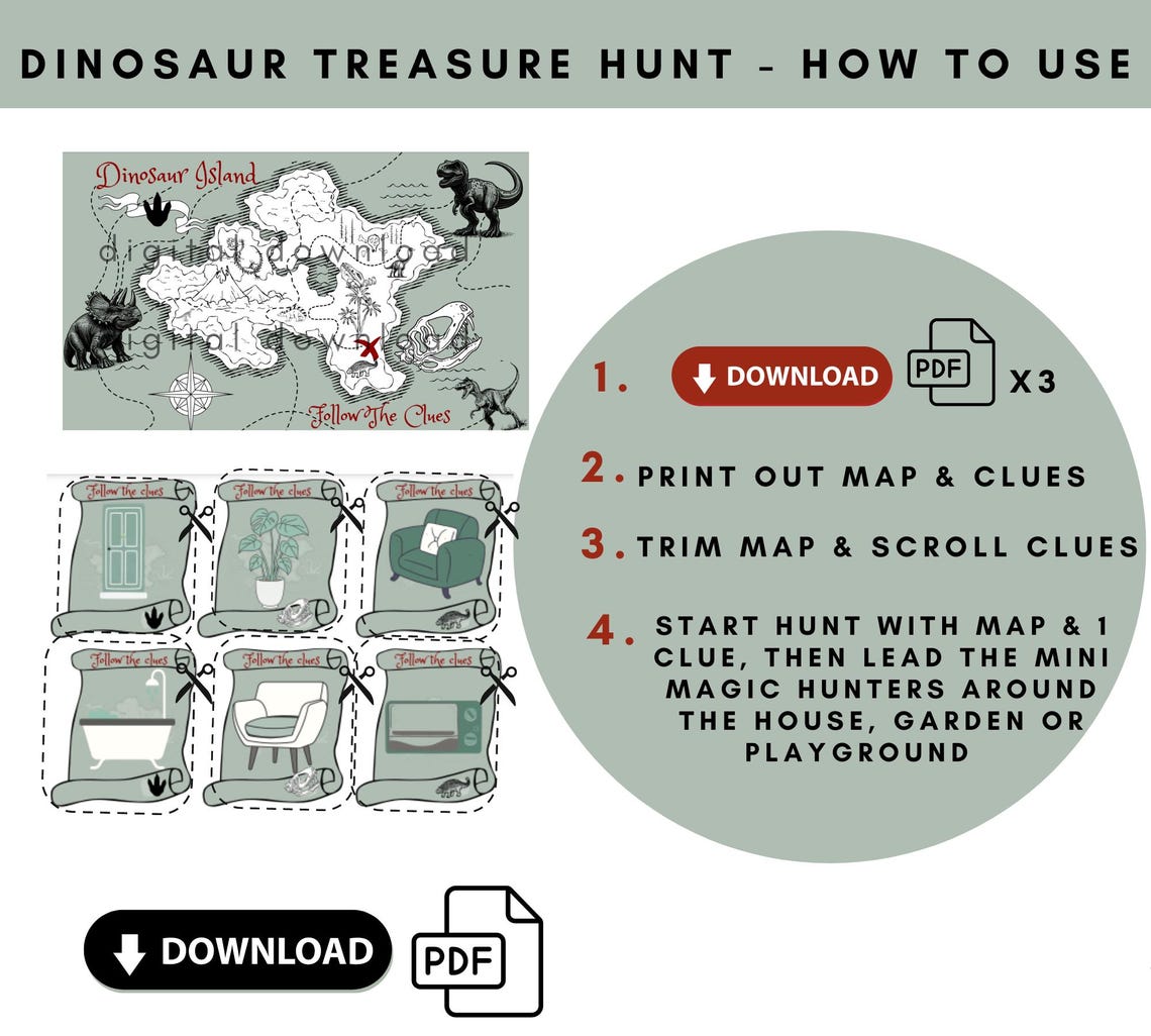 Dinosaur Treasure Hunt Map and Clues, Digital Download, Fun Family Game ...