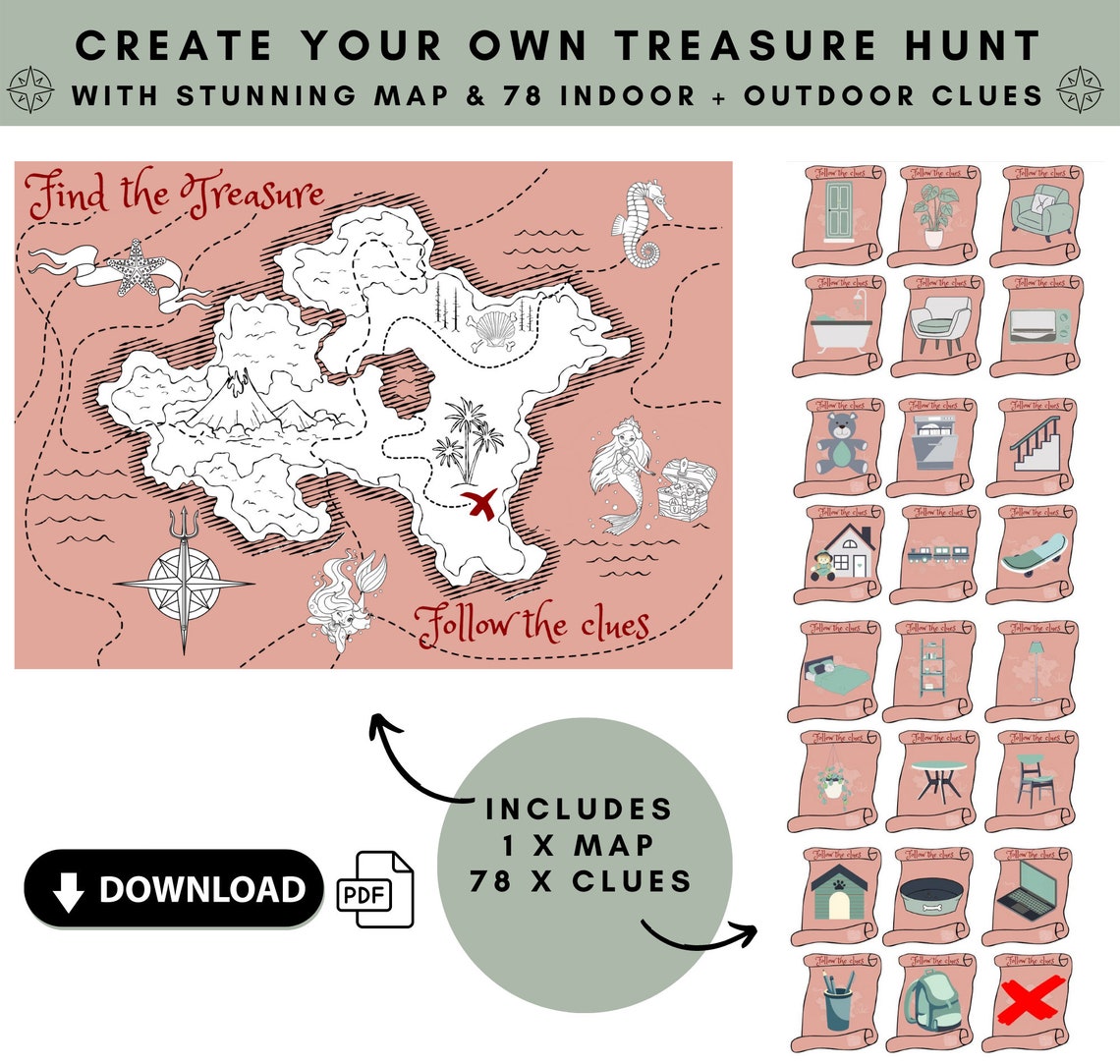 Mermaid Treasure Hunt Map & Clues, Digital Download, Treasure Map for ...