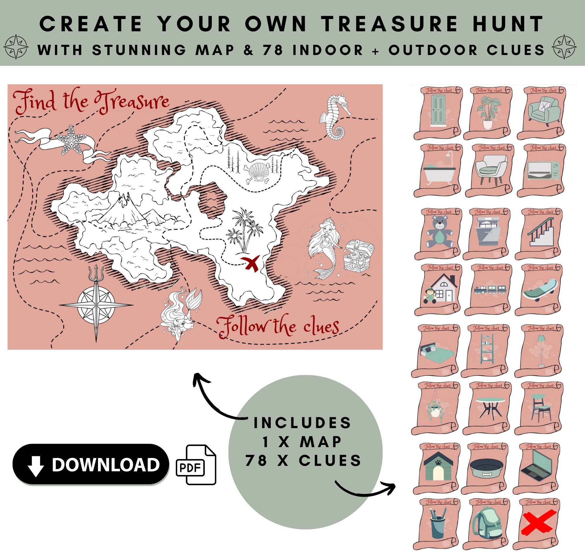 Mermaid Treasure Hunt Map & Clues, Digital Download, Treasure Map for ...