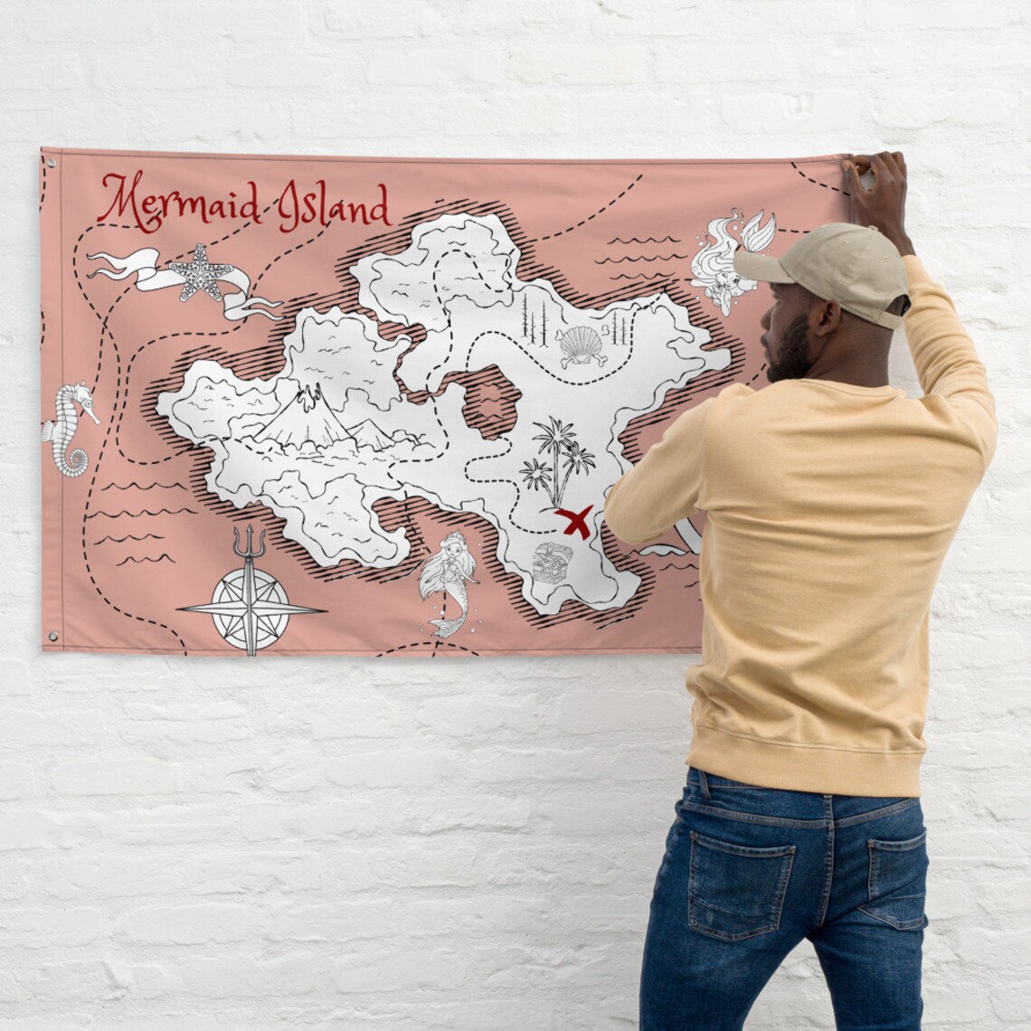 Mermaid Treasure Map Wall Flag, Magical Kids Art Bedroom or Party Wall ...