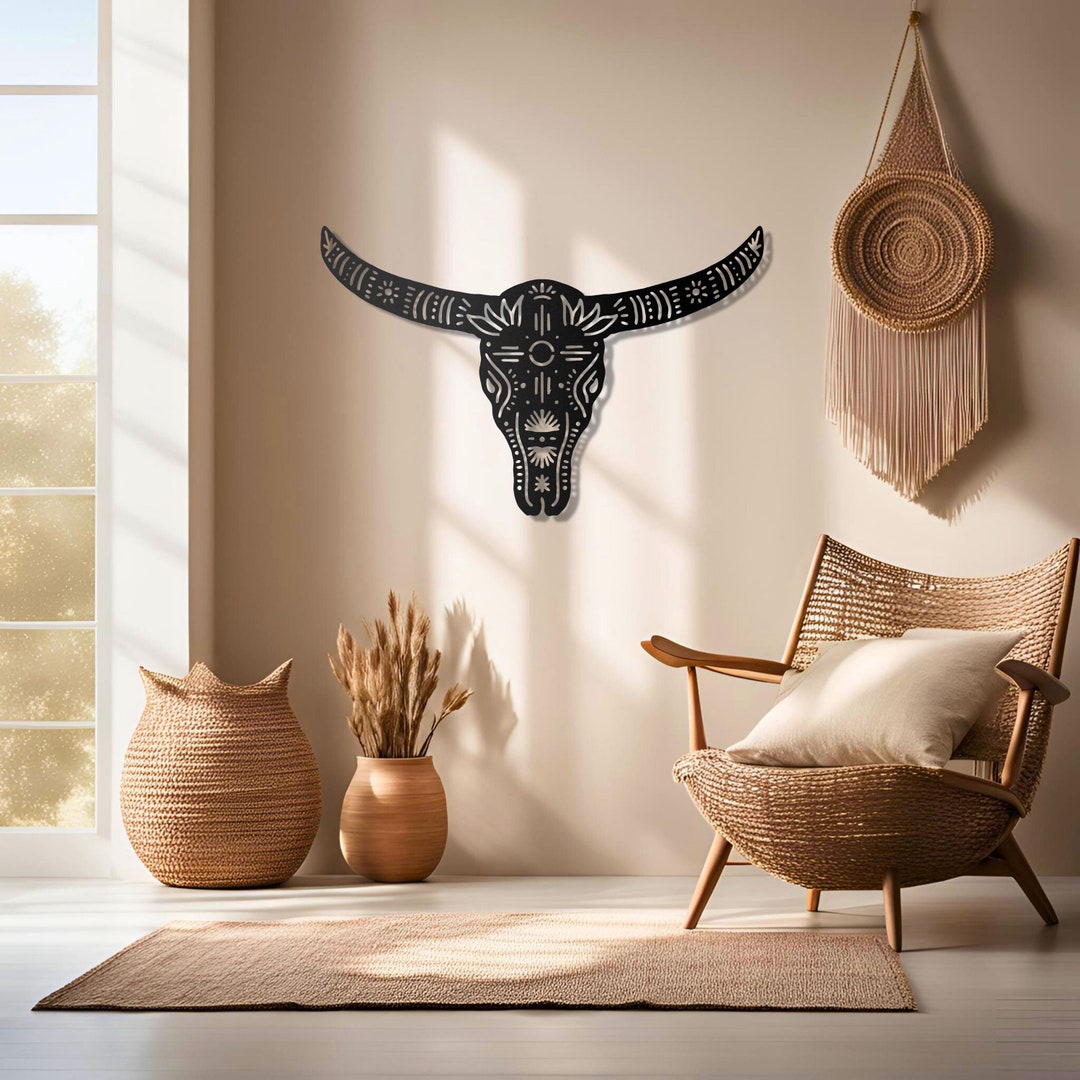 Rustic Bull Skull Metal Wall Art – Texas Cattle Head, Western Animal ...